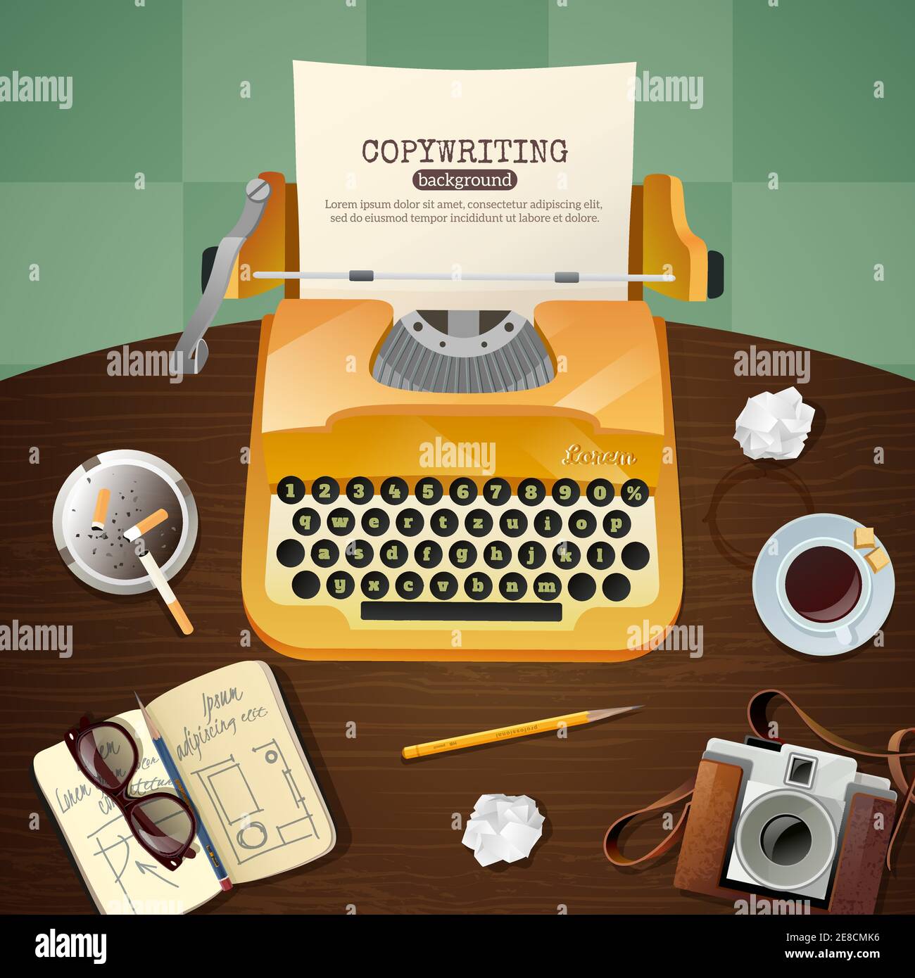 Flat workplace for journalist with vintage typewriter camera and ...