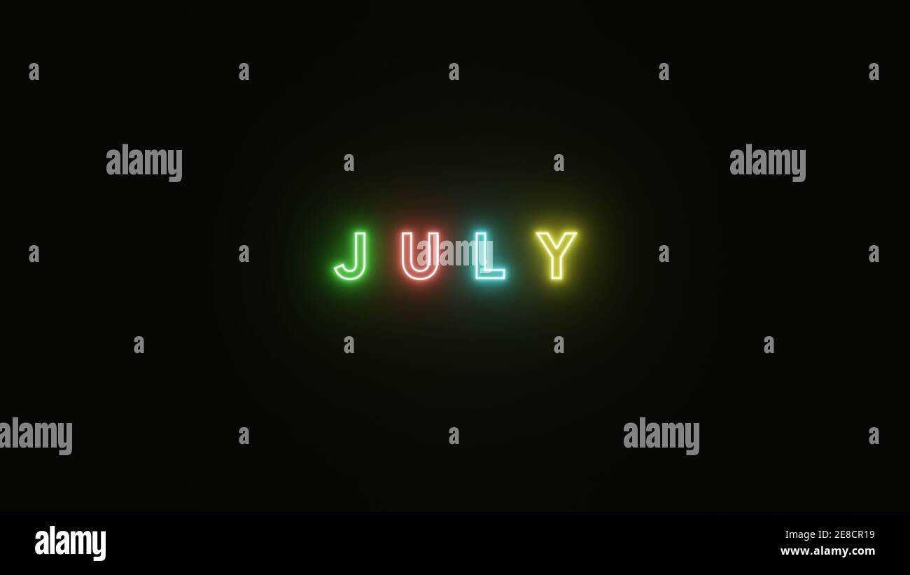 July text neon light colorful on black background . 3d illustration ...