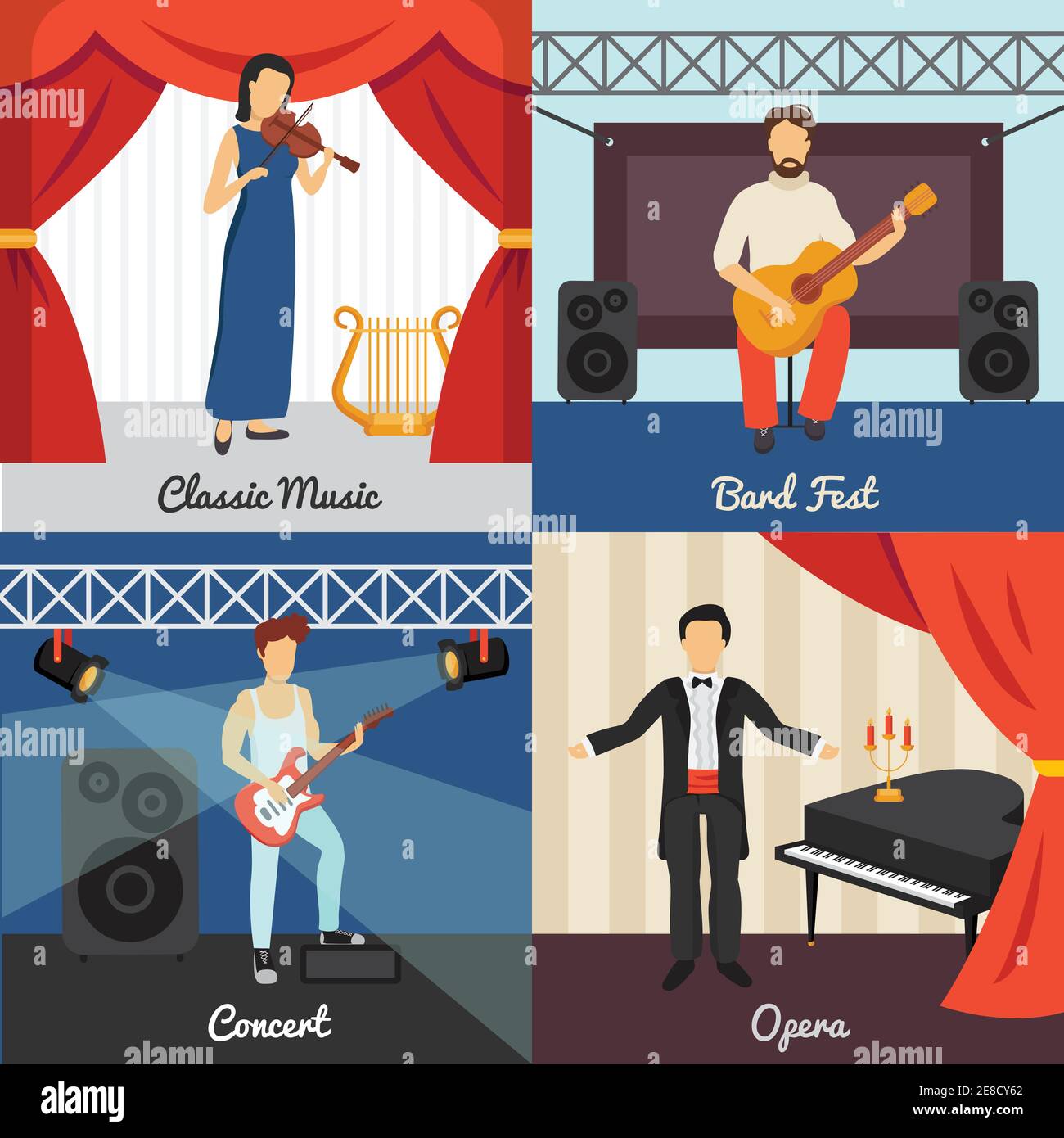 Theatre concept icons set with bard fest and opera symbols flat ...