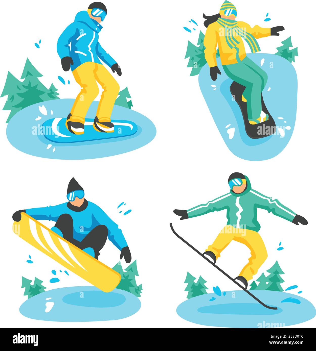 Four colored design compositions with people on snowboard in different ...