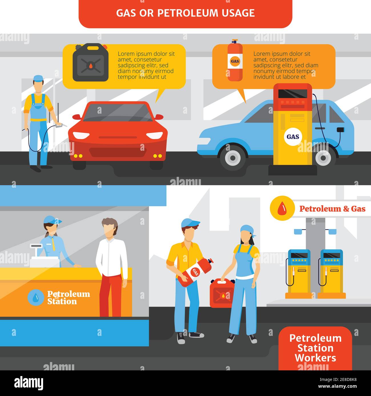 Gas station workers horizontal banners set with people and cars flat ...
