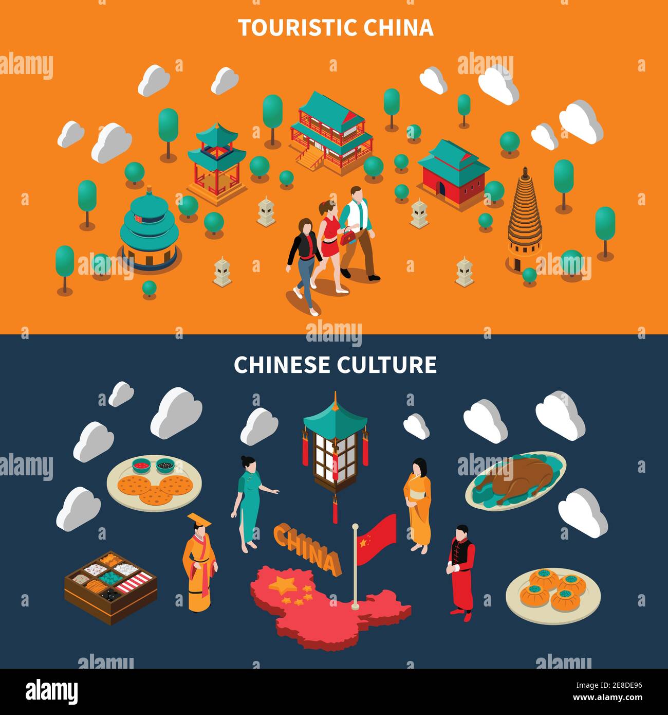Horizontal colorful china touristic isometric banners with chinese ...