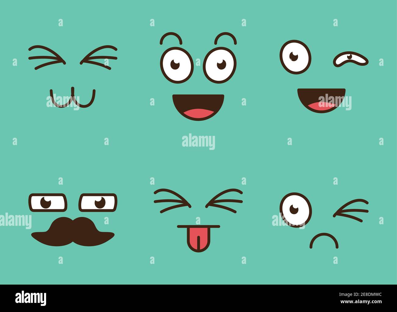 bundle of six cartoon faces emoticons in green background vector ...