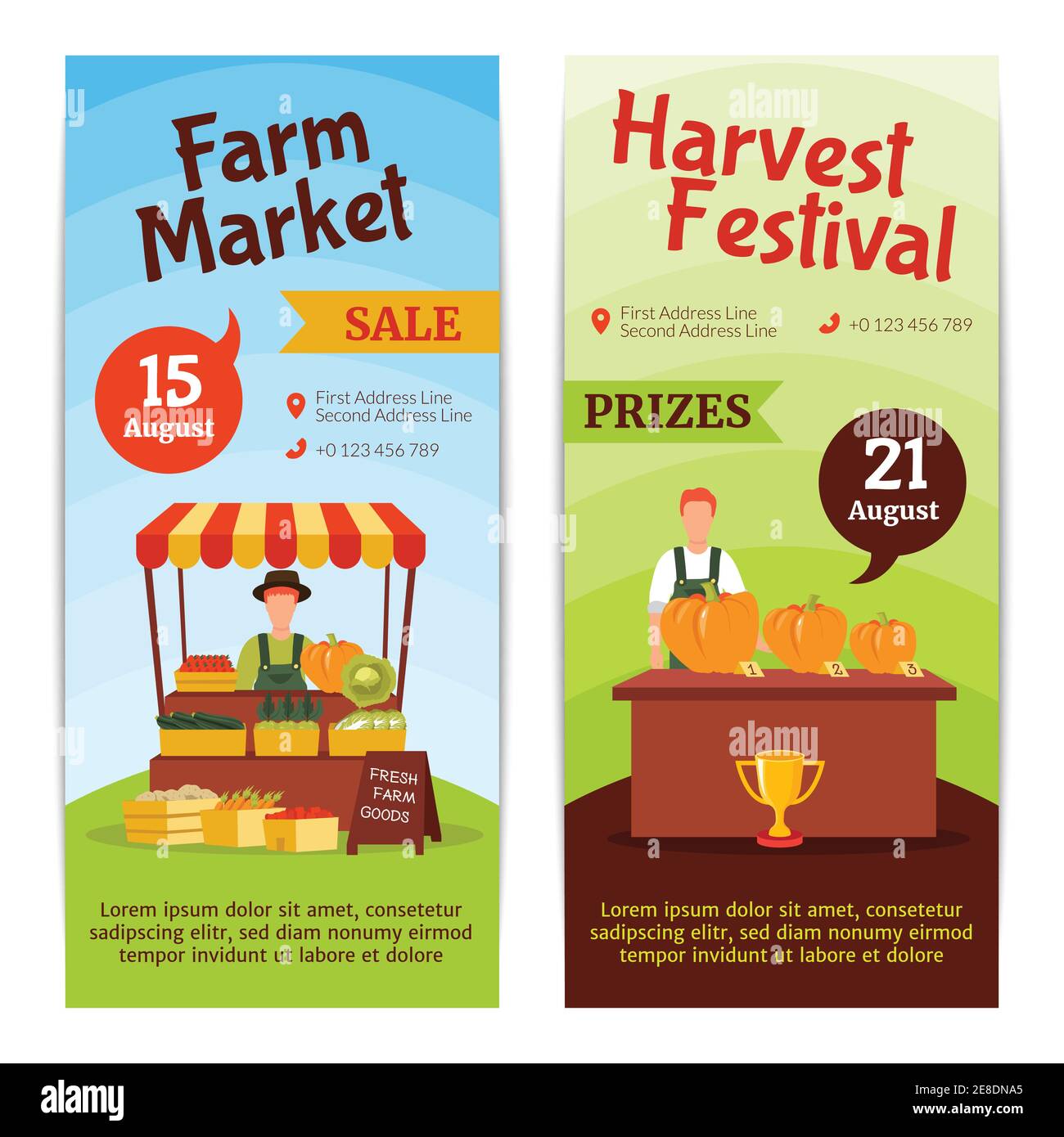 Flat design vertical banners presenting august farm market sale and ...