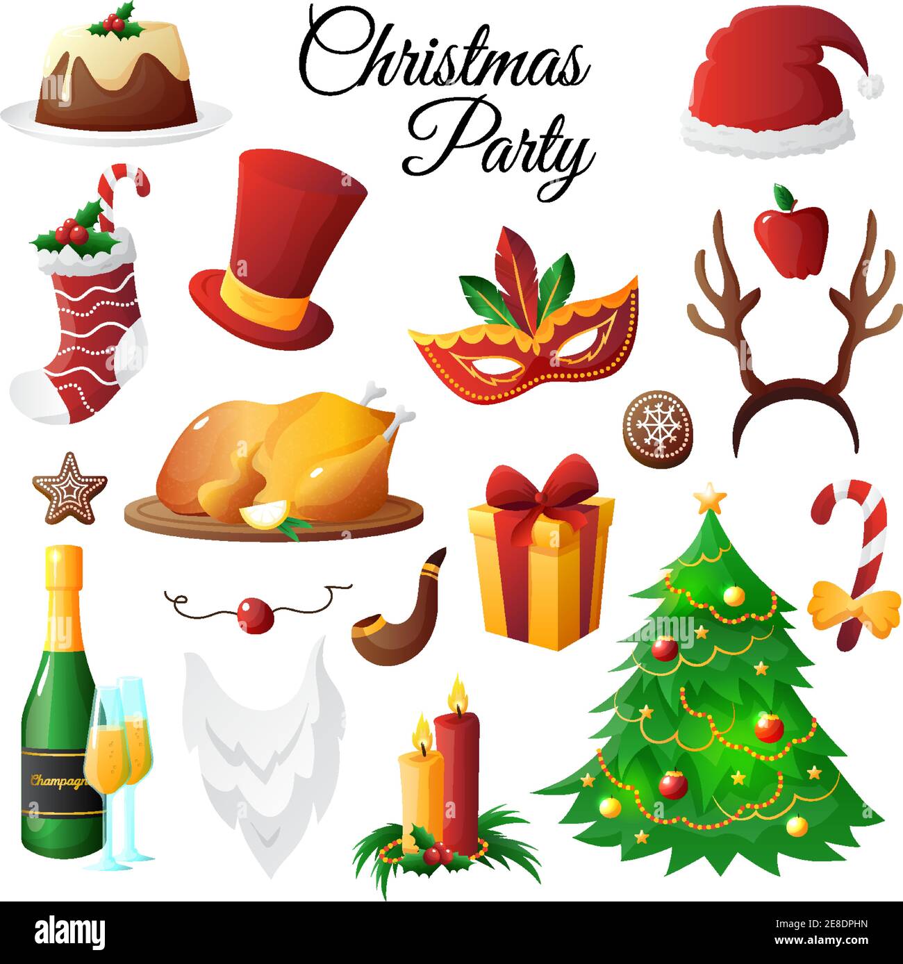 Colorful christmas and new year symbols party set isolated on white ...