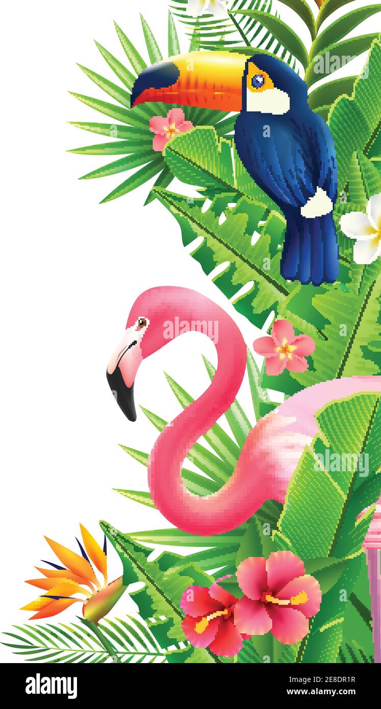 Opulent rainforest foliage vertical border with pink flamingo toucan ...