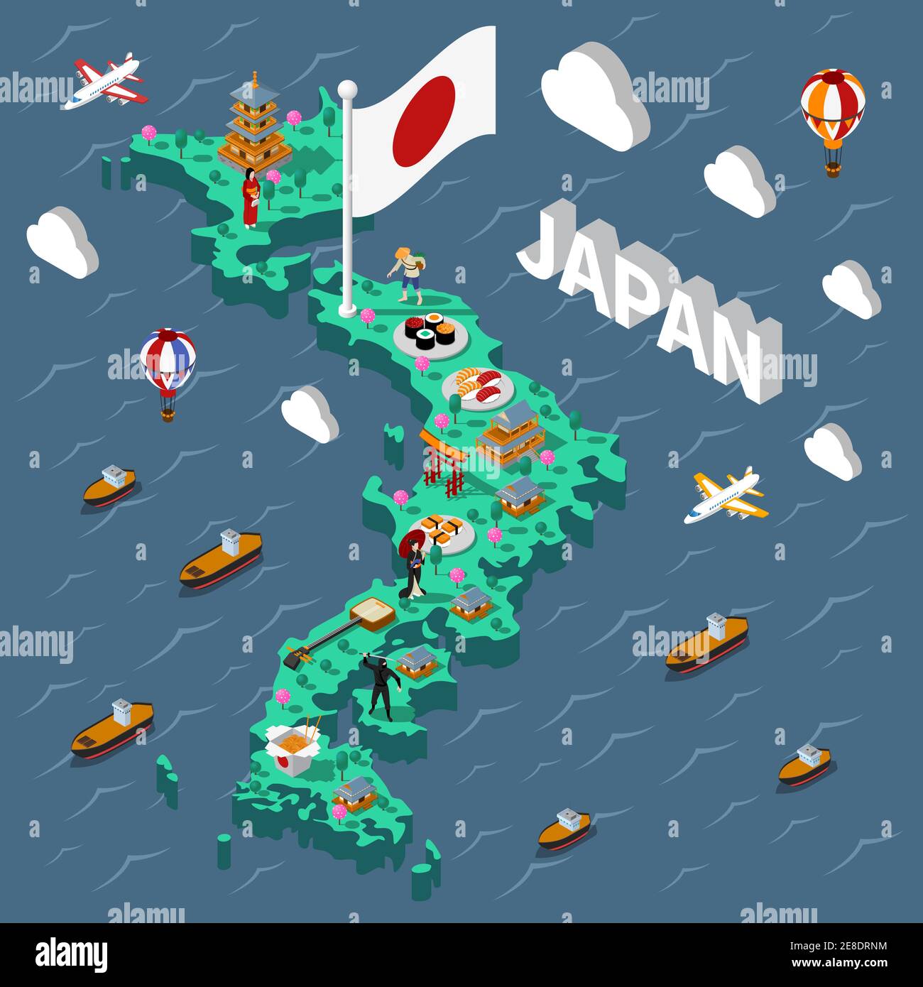 Japan touristic isometric map with various cultural elements on sea ...