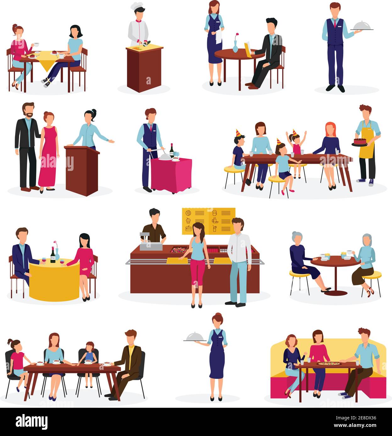 People in restaurant flat icons set on special occasions family dinner ...