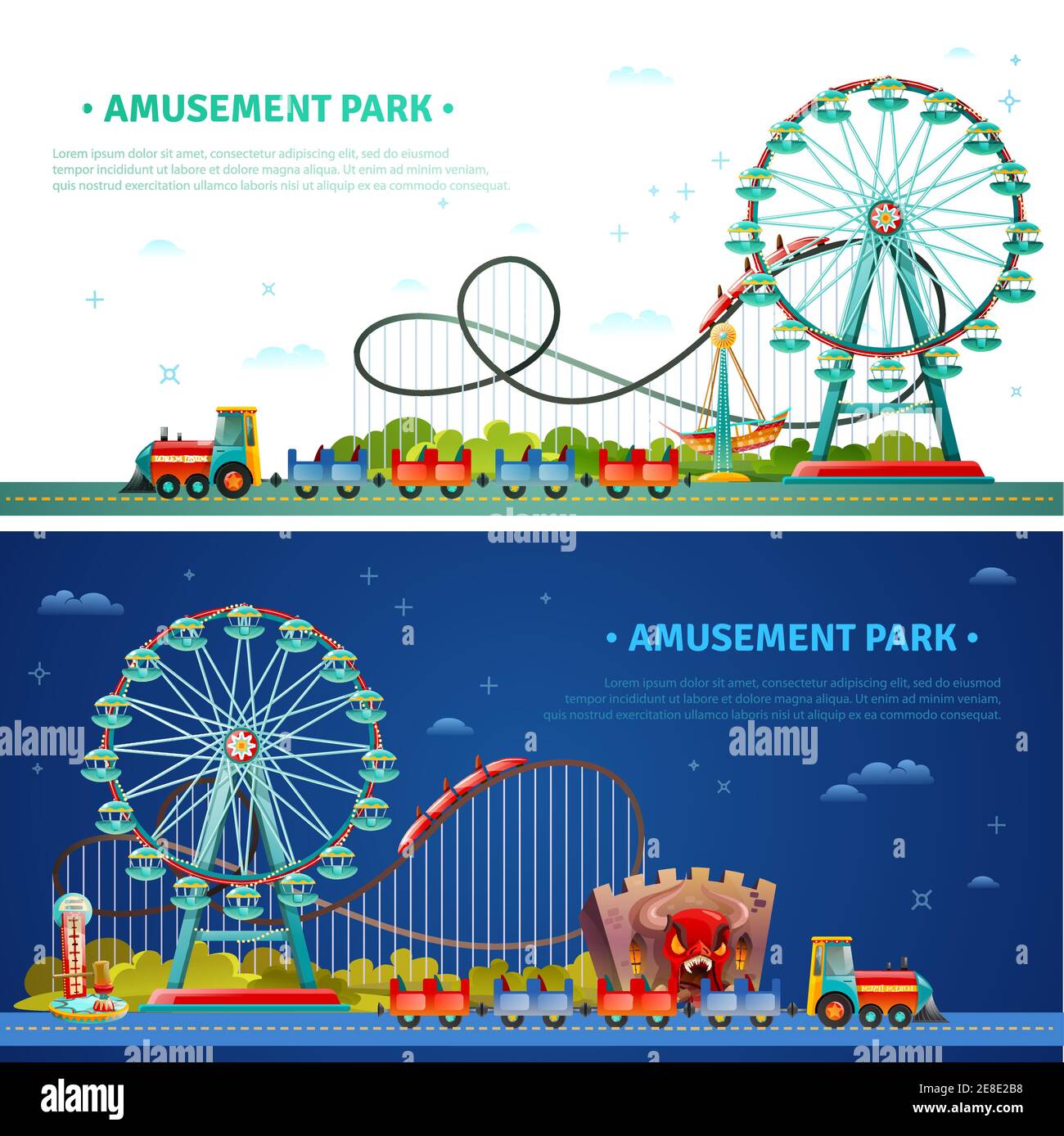 Amusement park horizontal flat banners with kids train ferris wheel ...