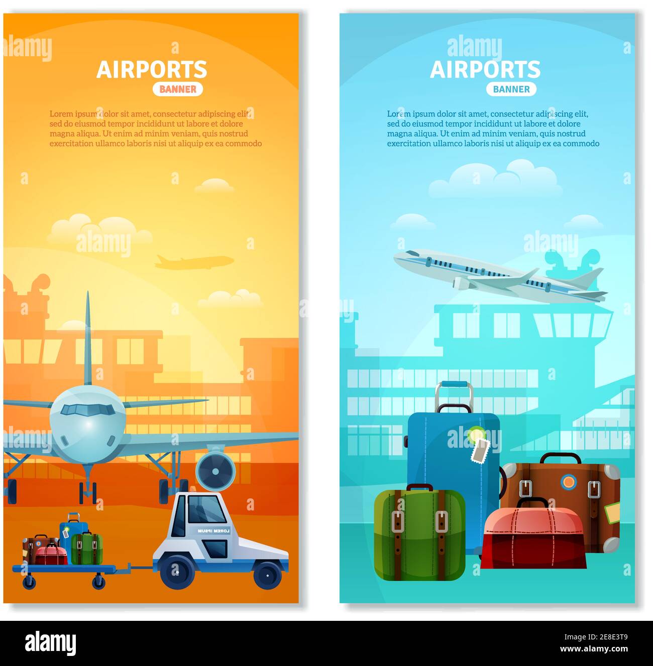 Airport vertical banners with touristic baggage and airfield transport ...