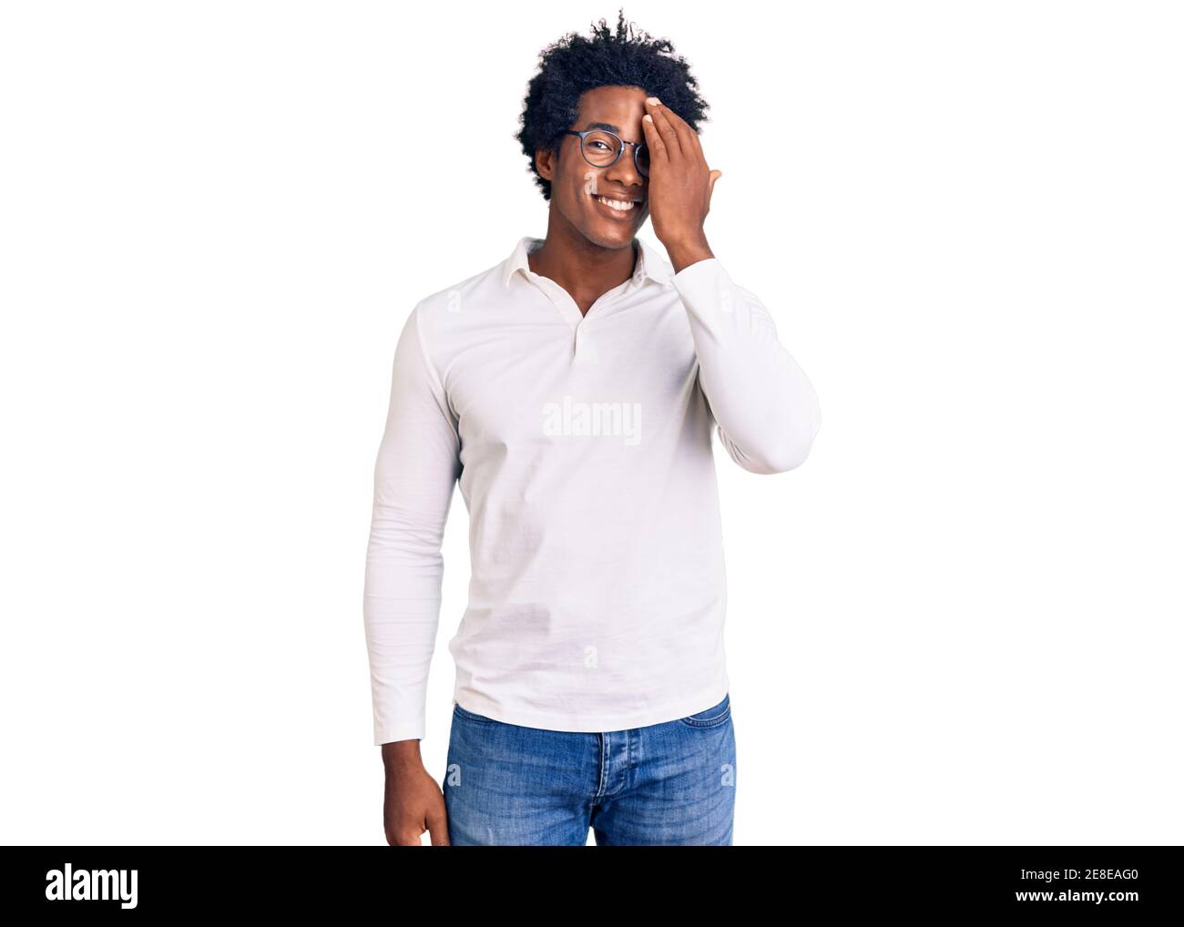 Handsome african american man with afro hair wearing casual clothes and ...