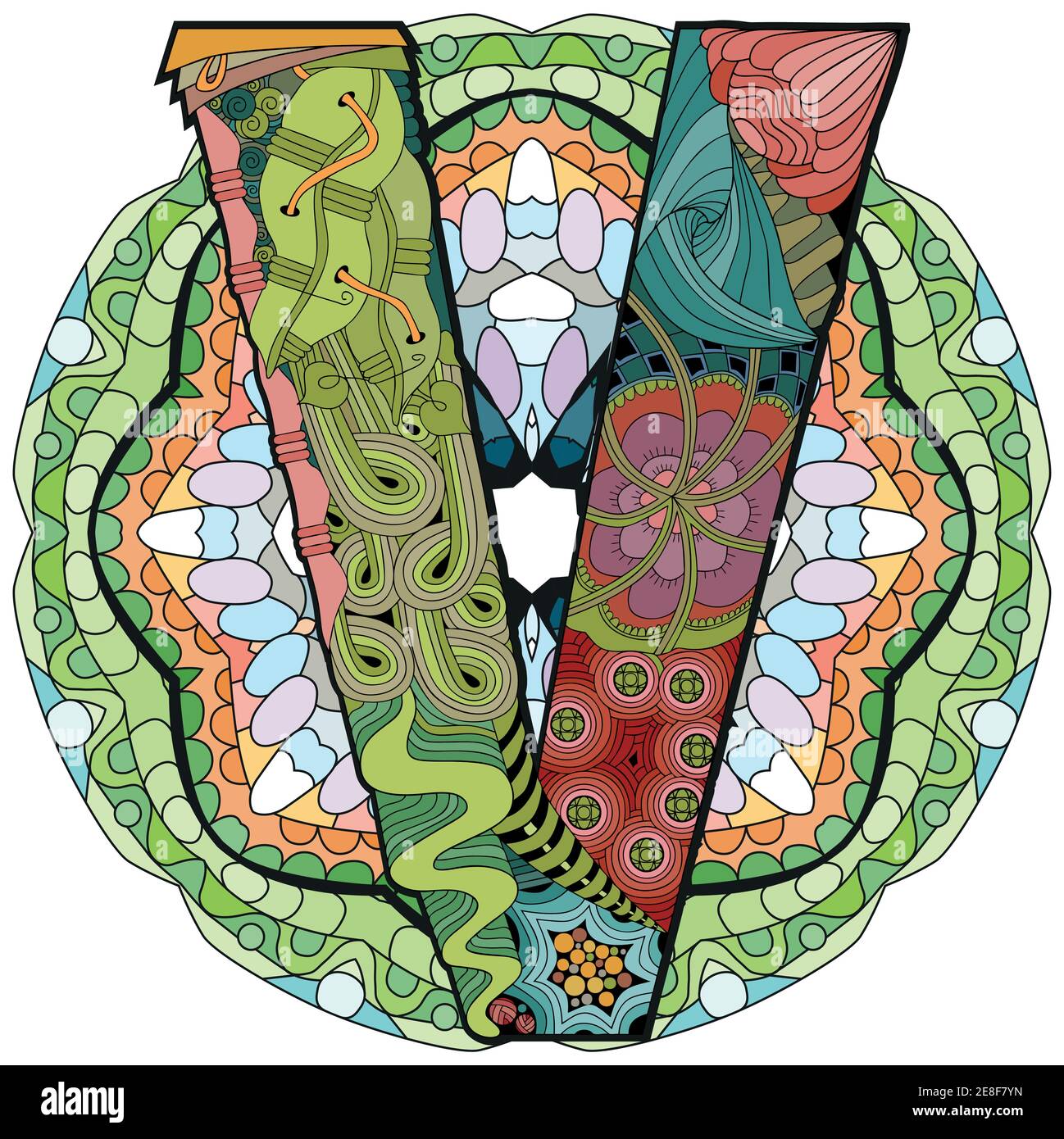 Hand-painted art design. Hand drawn illustration mandala with letter V ...