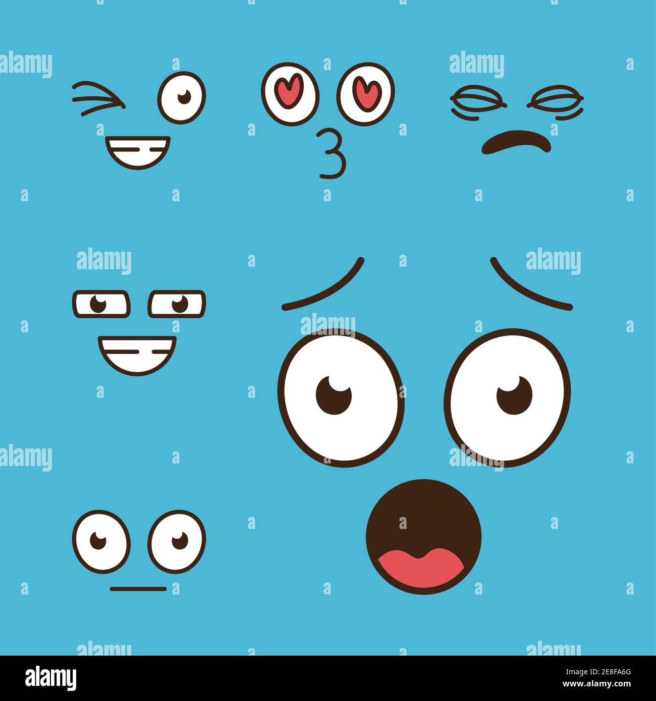 bundle of six cartoon faces emoticons in blue background vector ...