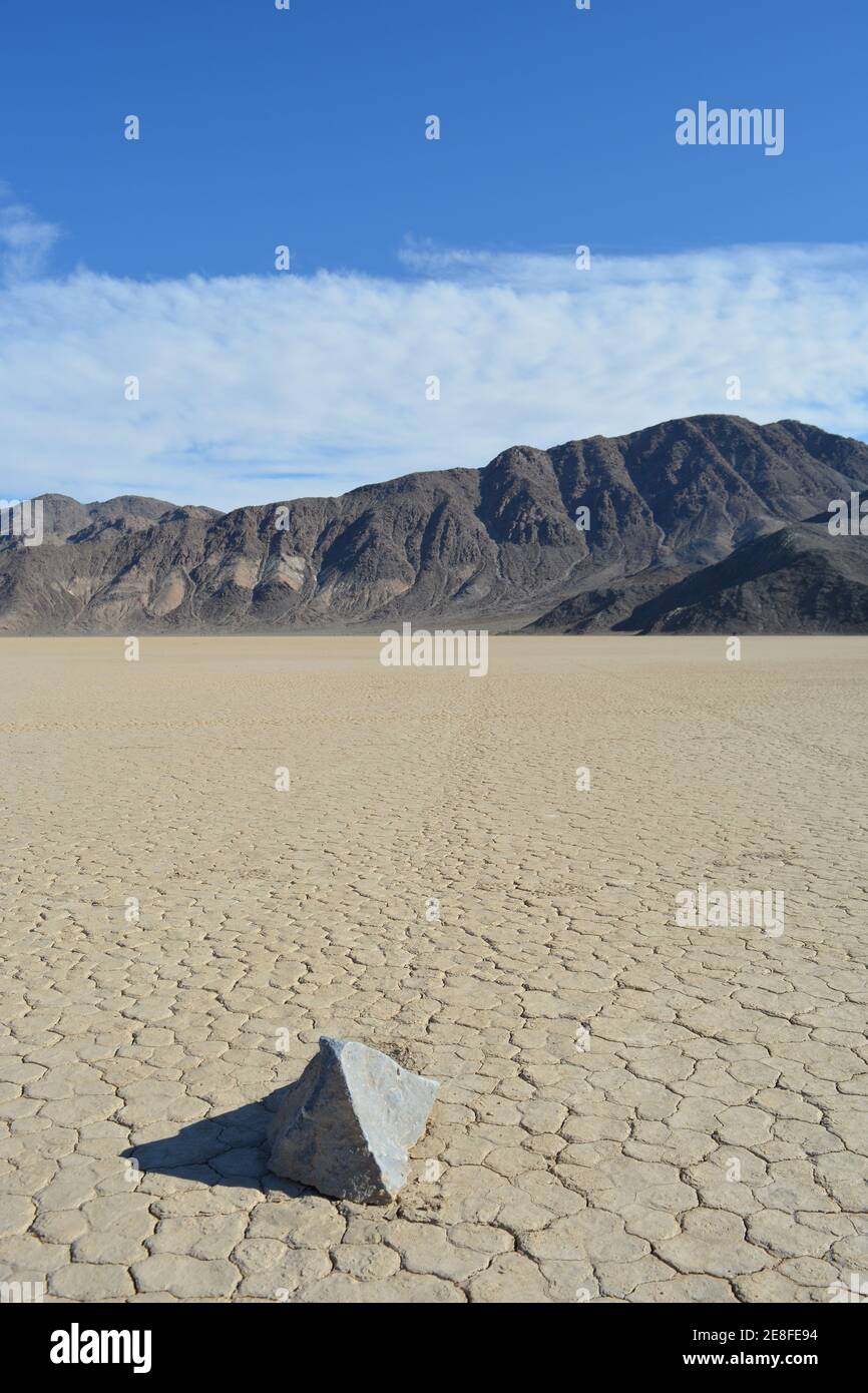 sailing rock leaving a long trail in the desert of the Racetrack Playa ...