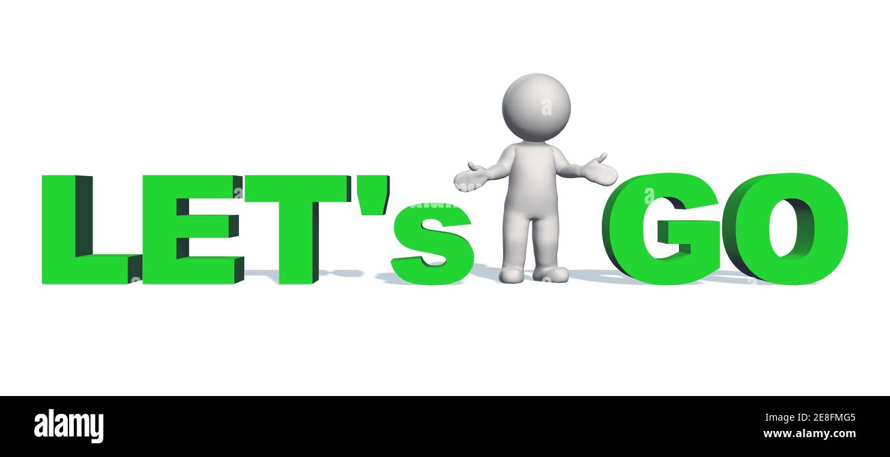 LET's GO - green lettering with 3D people and shadow on the floor ...