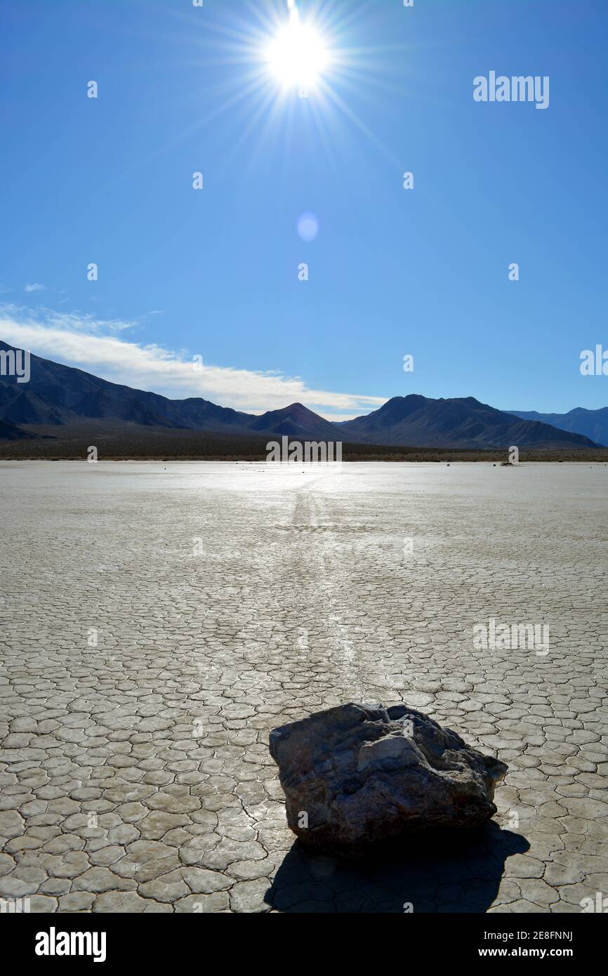 sailing rock leaving a long trail in the desert of the Racetrack Playa ...