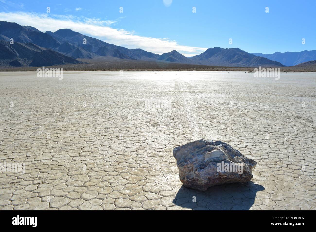 sailing rock leaving a long trail in the desert of the Racetrack Playa ...