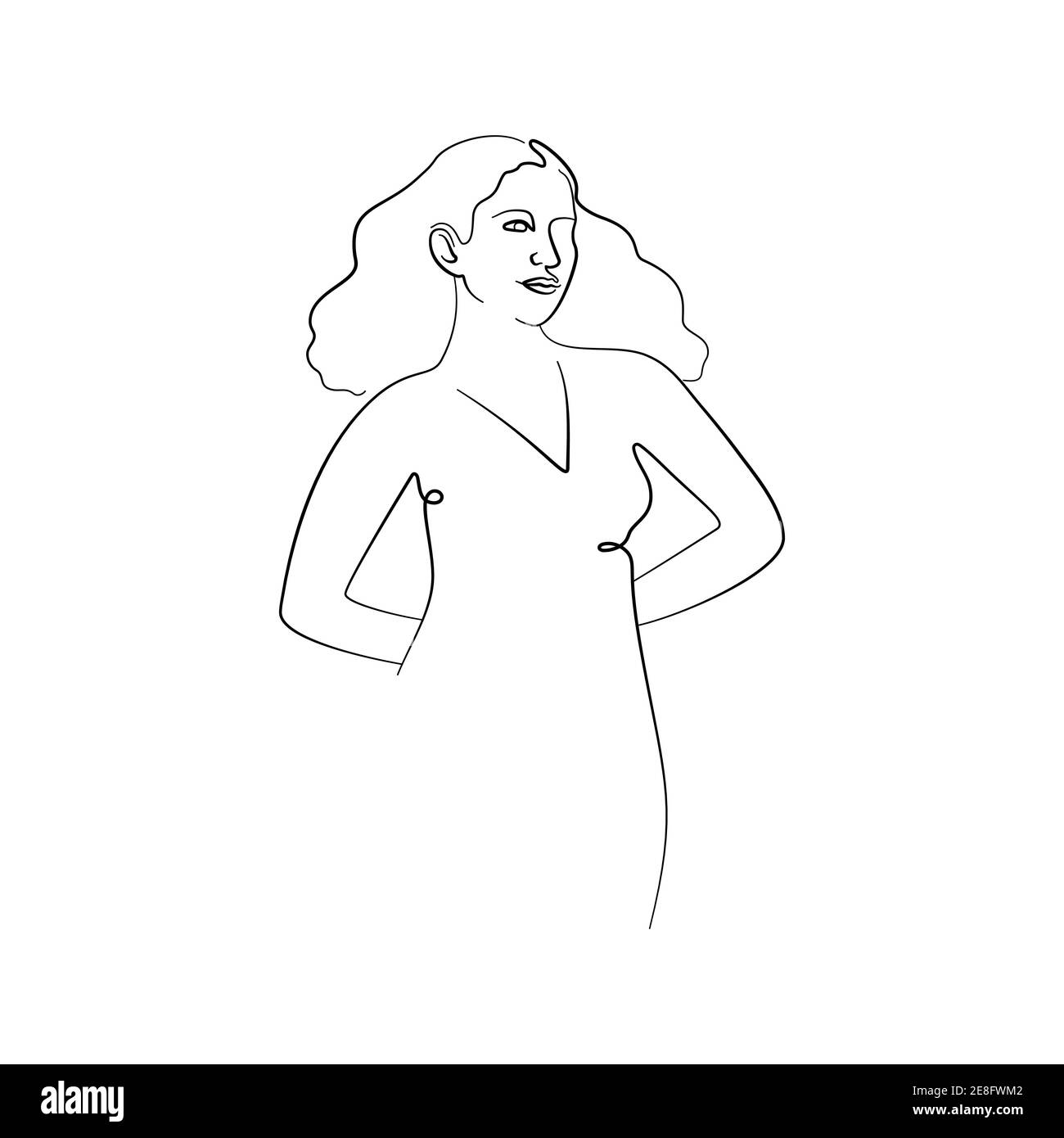 Single line drawing of a standing woman. Isolated on white background ...