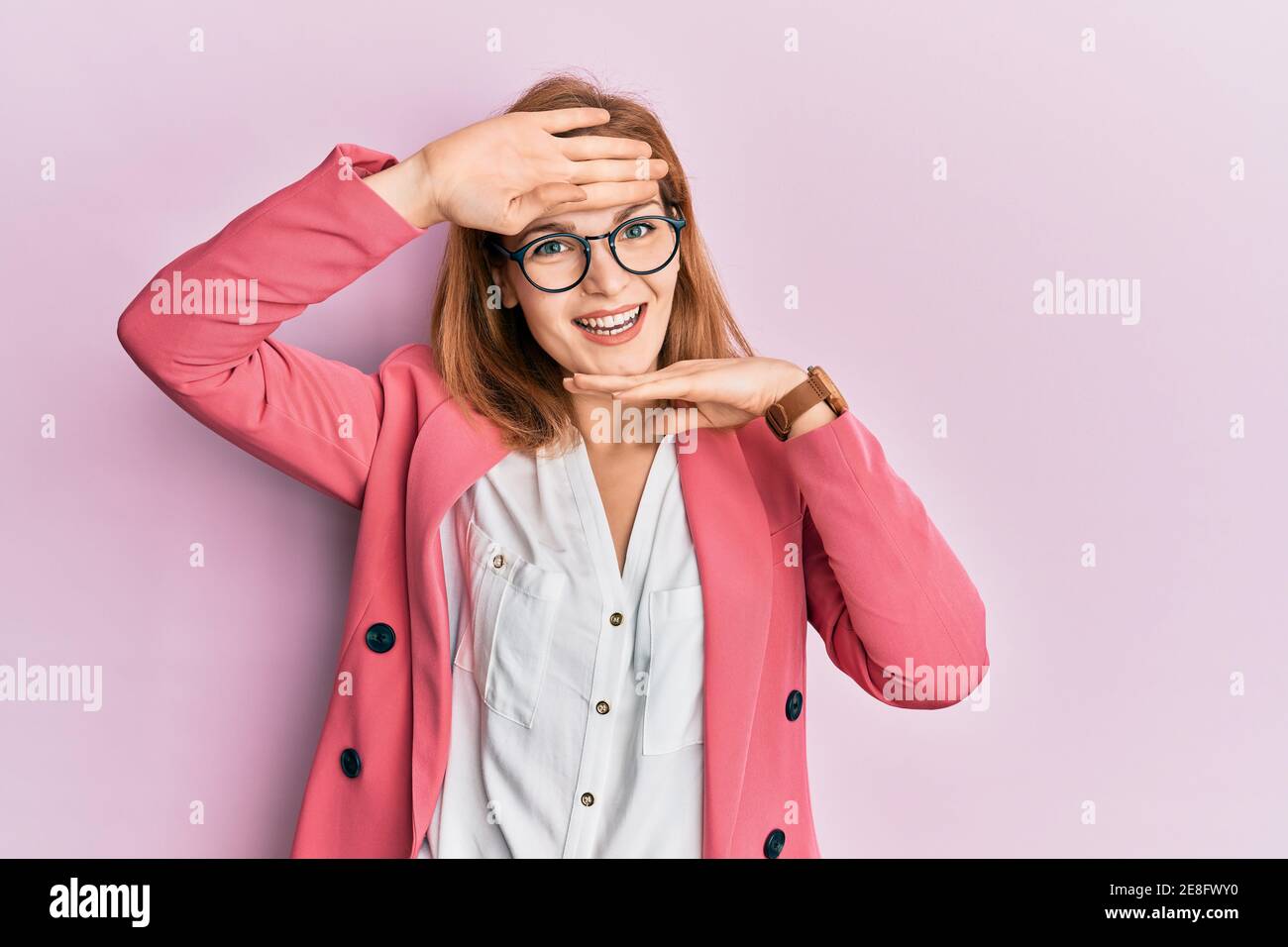 Young caucasian woman wearing business style and glasses smiling ...