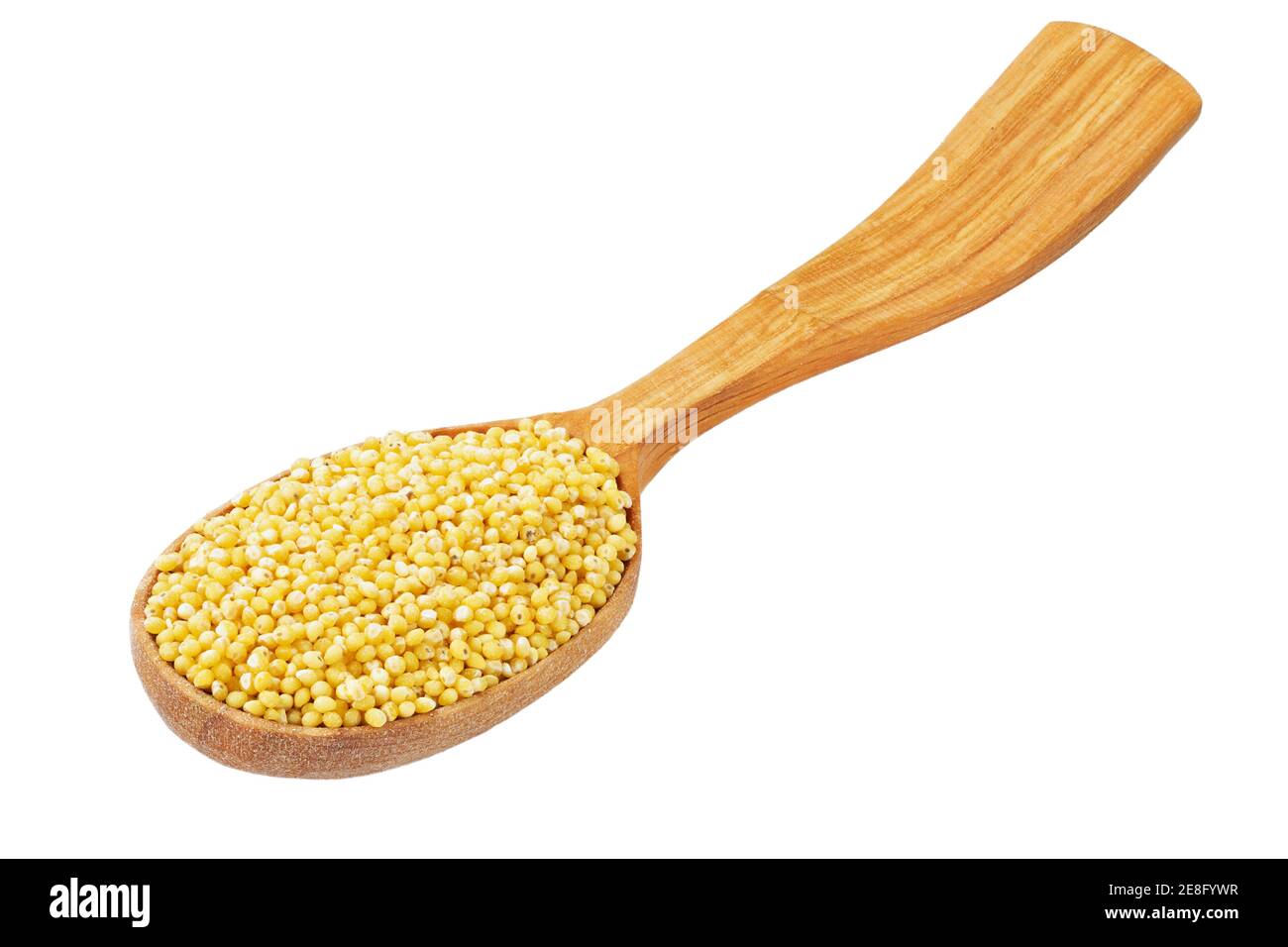 Millet in a wooden spoon isolated on white background. Healthy boiled ...