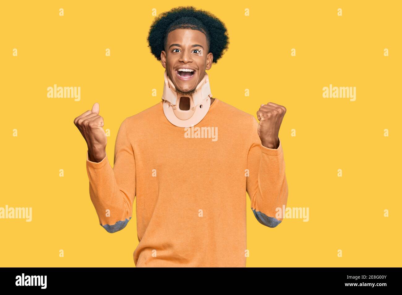 African american man with afro hair wearing cervical neck collar ...