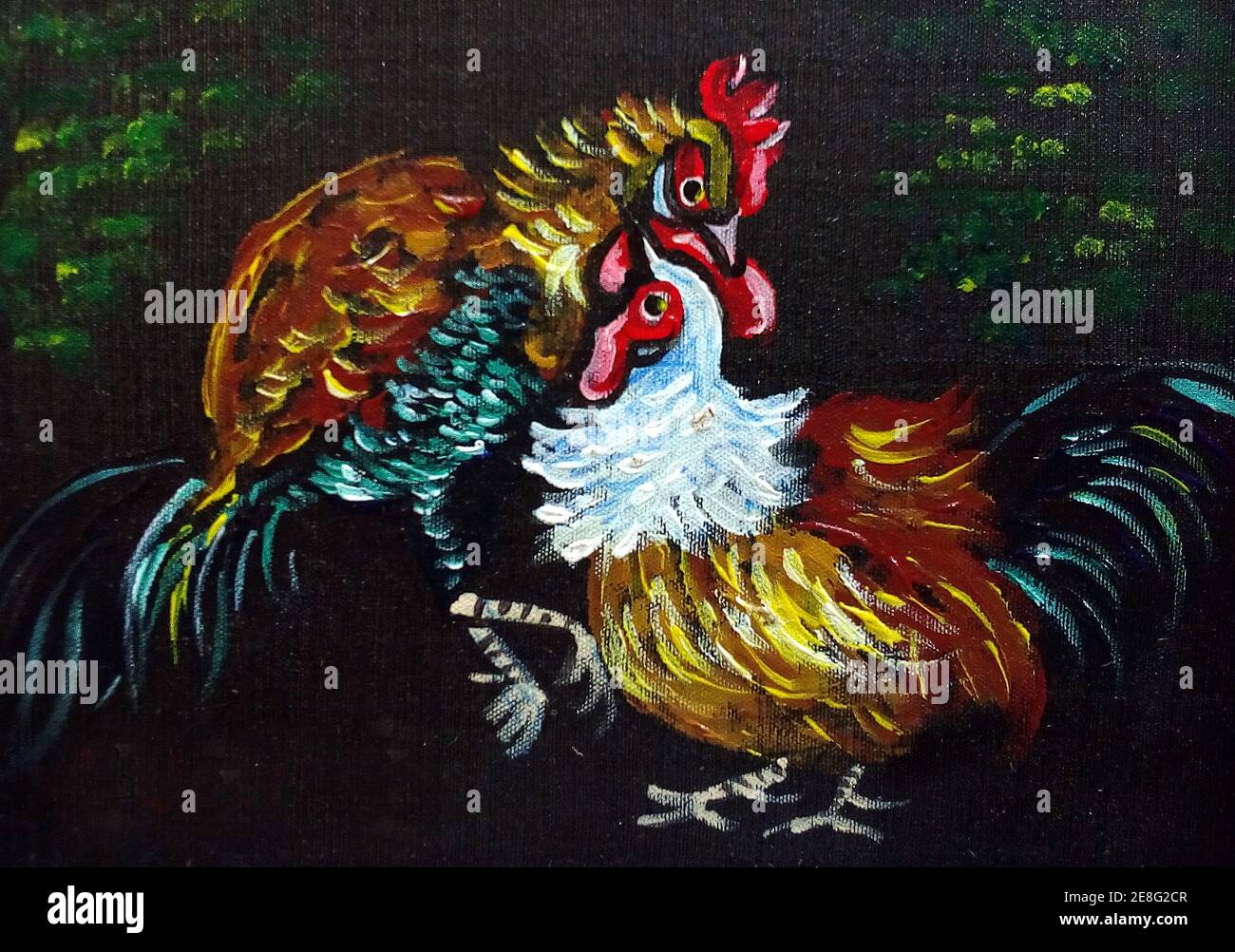 Art painting oil color , chicken, cock, hen,chick , paint brushes ...