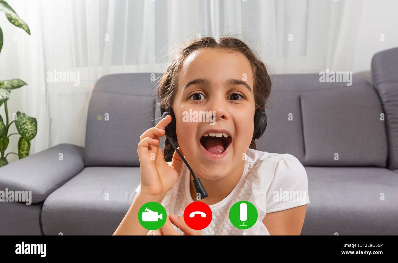 Headshot portrait screen view of little preschooler girl sit on couch ...