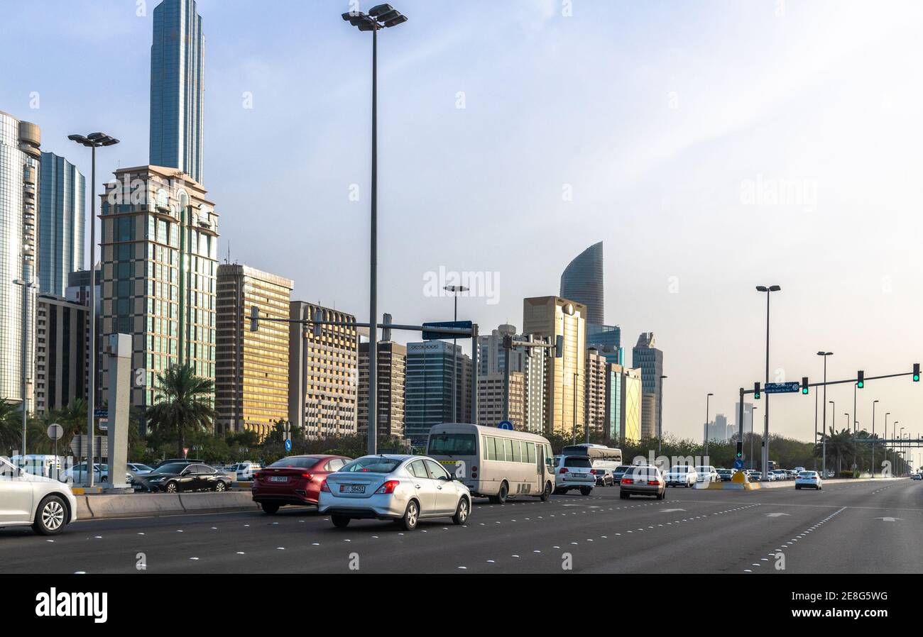 Abu Dhabi, UAE - March 31. 2019. The Sultan Bin Zayed The First street ...