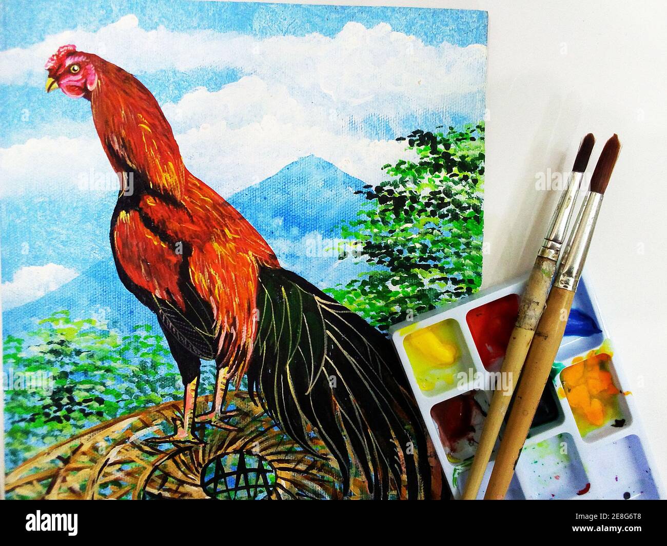 Art painting oil color , chicken, cock, hen,chick , paint brushes ...