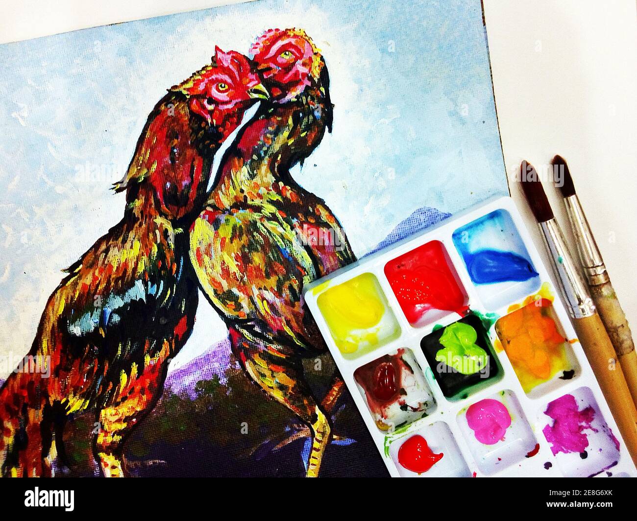 Art painting oil color , chicken, cock, hen,chick , paint brushes ...