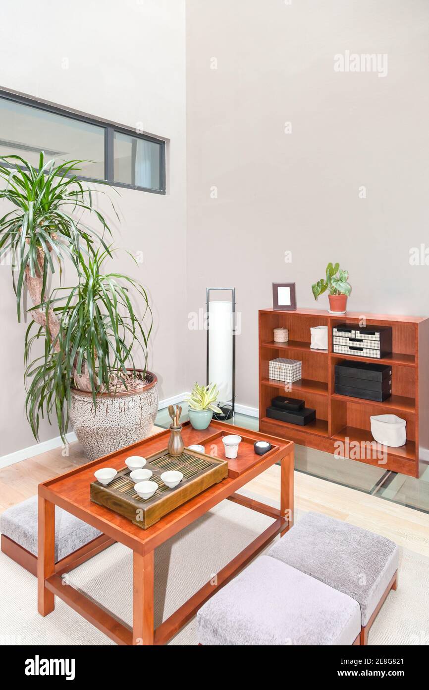 Modern Chinese tradition tea room.Potted plant and tea set on the table ...