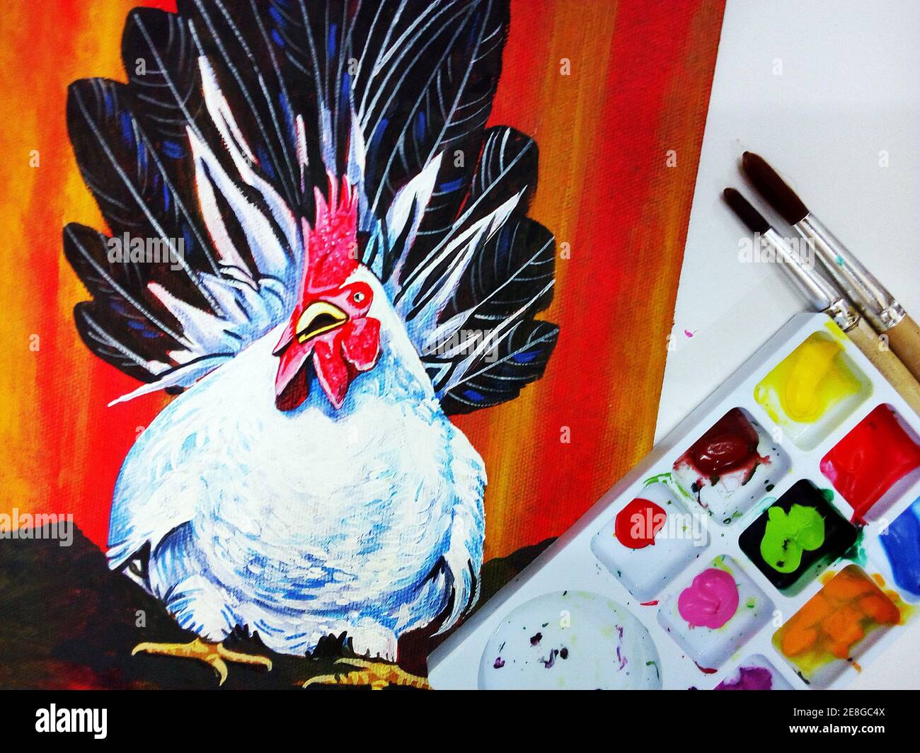 Art painting oil color , chicken, cock, hen,chick , paint brushes ...