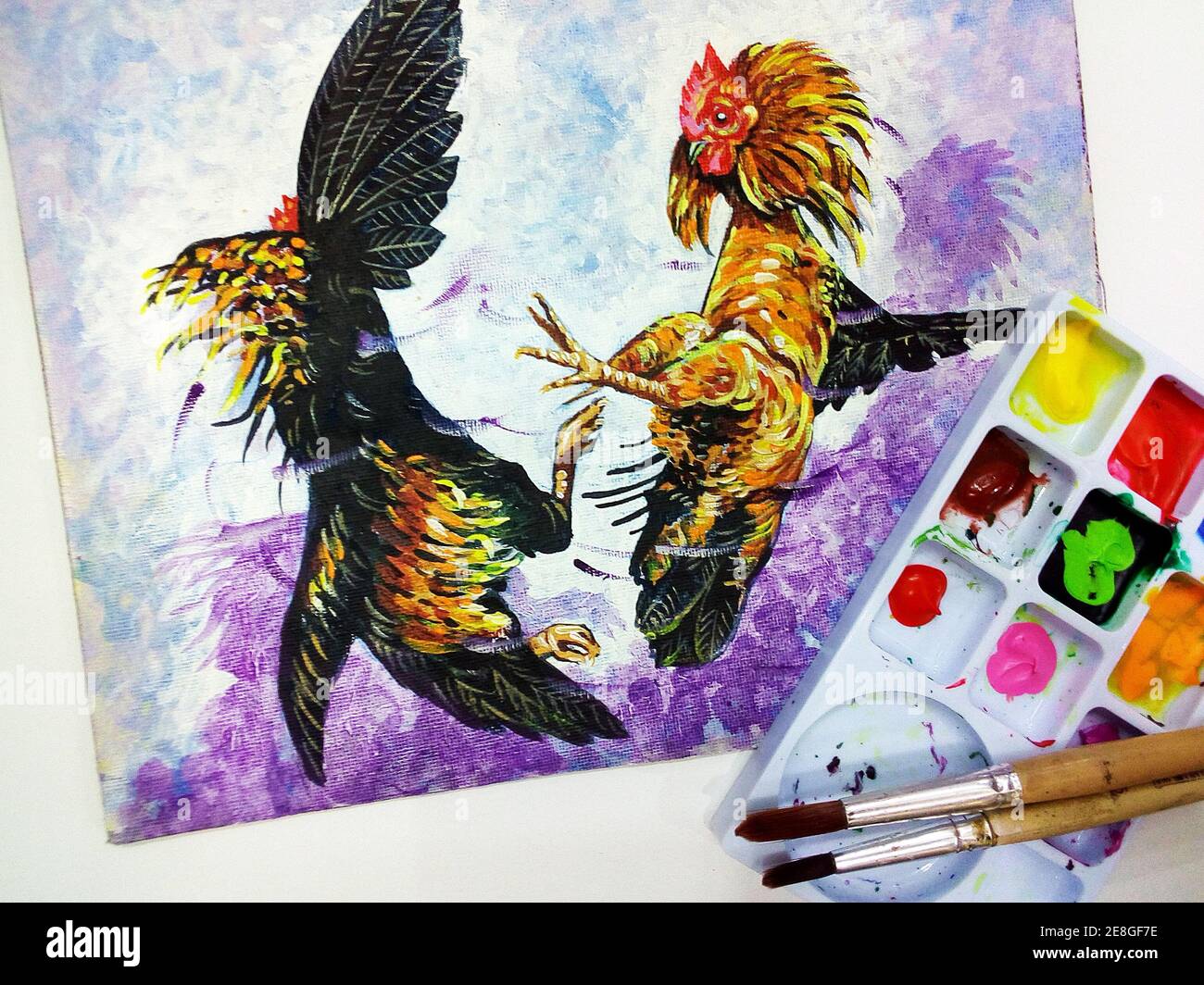 Art, painting, oil ,color ,, chicken, cock, hen,chick , paint brushes ...