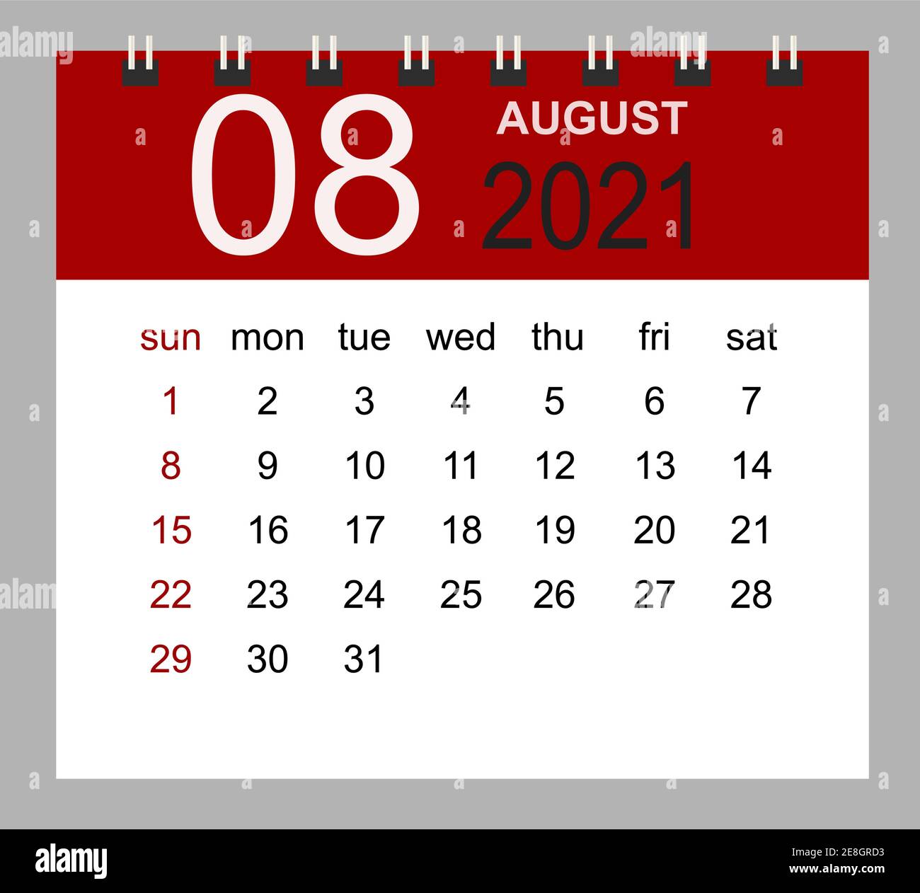 Simple desk calendar for August 2021. Week starts Sunday. Isolated ...