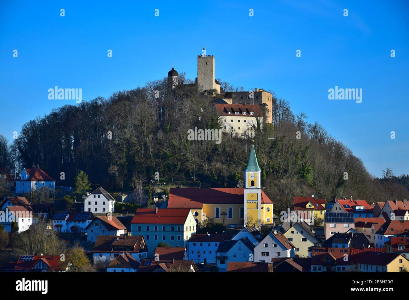 Falkenstein, a small bavarian town with a church and a castle. District ...