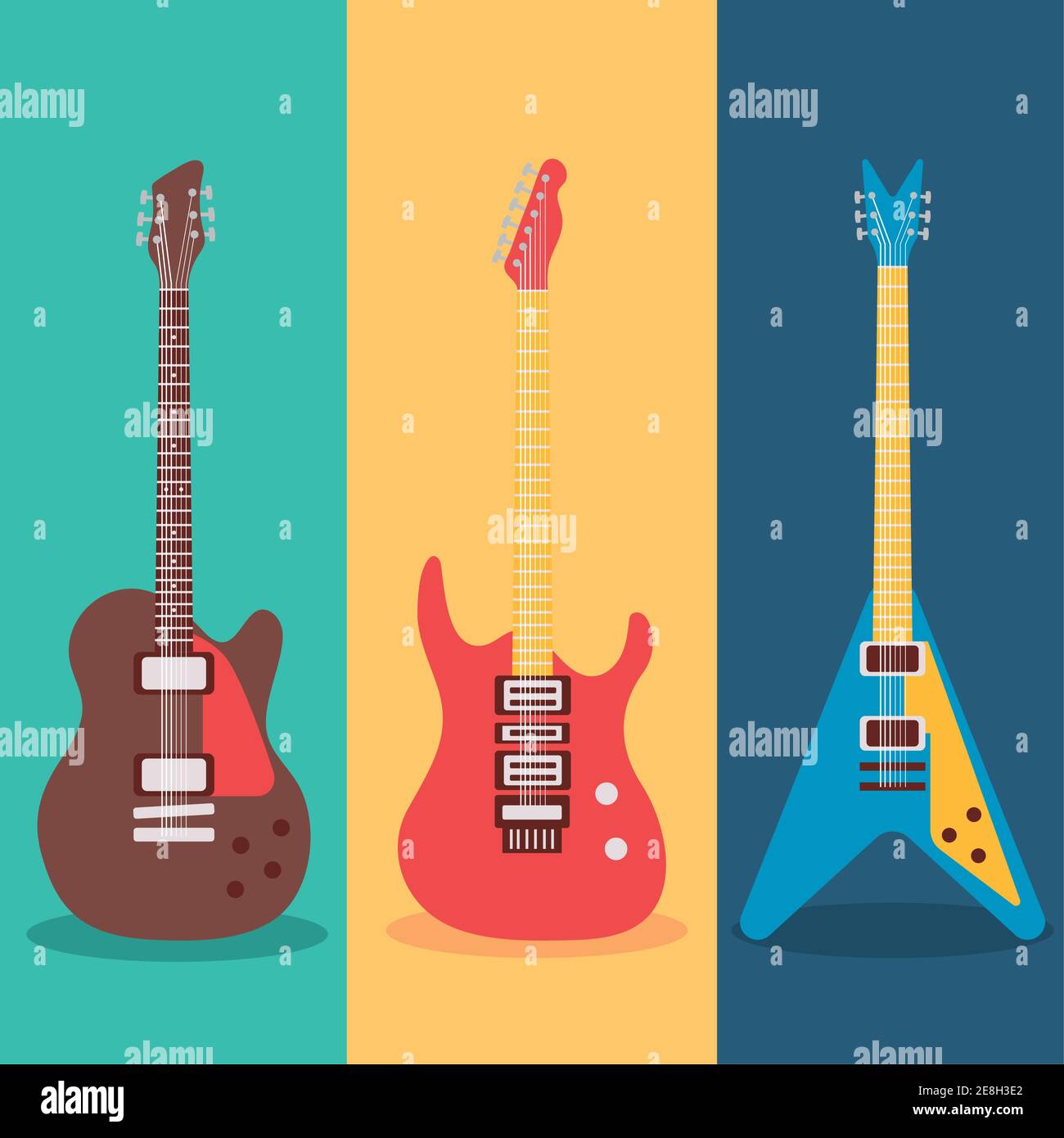 three guitars instruments musicals set icons in colors backgrounds ...