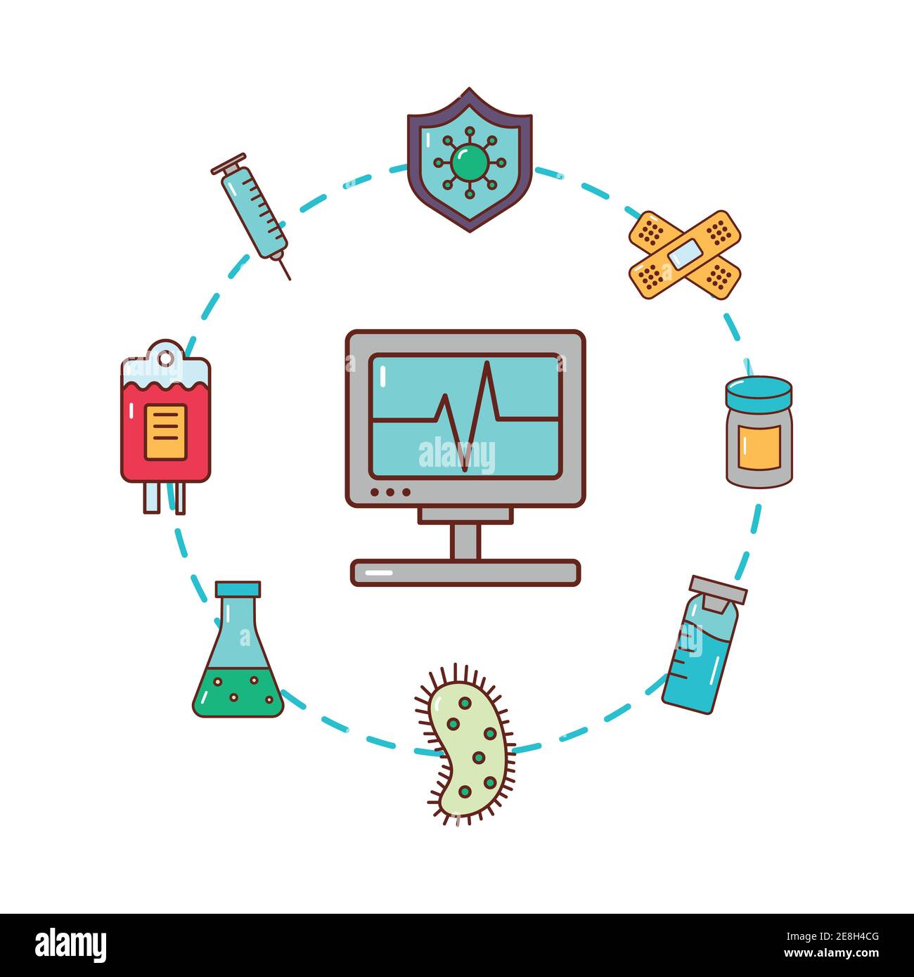 covid19 particles in shield flat style icons vector illustration design ...