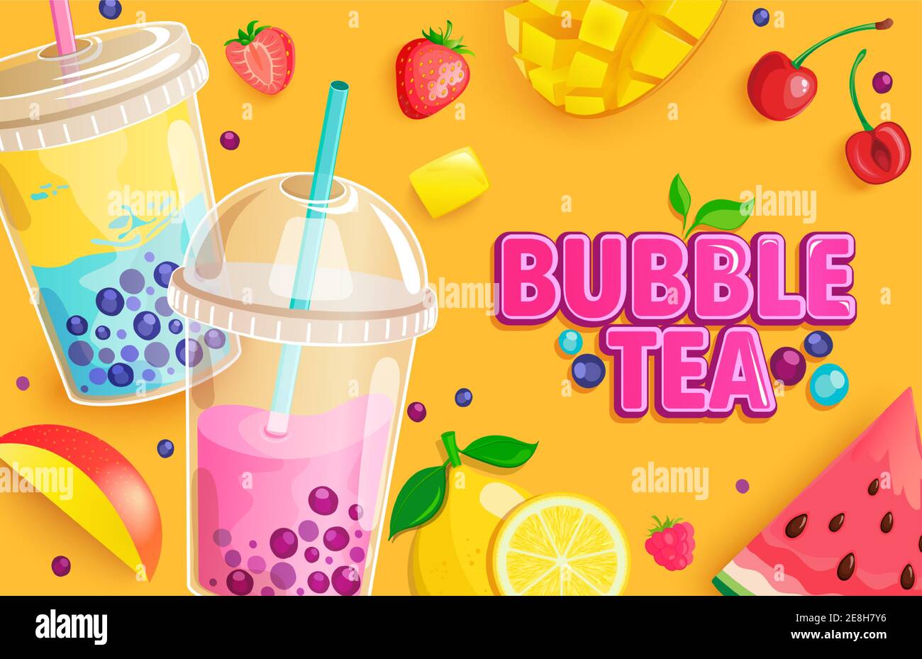 Bubble tea banner. Milkshake smoothie with fruits Stock Vector Image ...