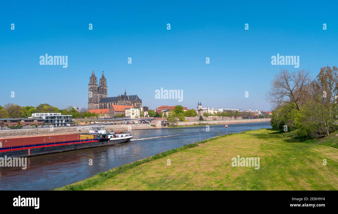 Panoramic view over downtown of Magdeburg, old town, Elbe river ...