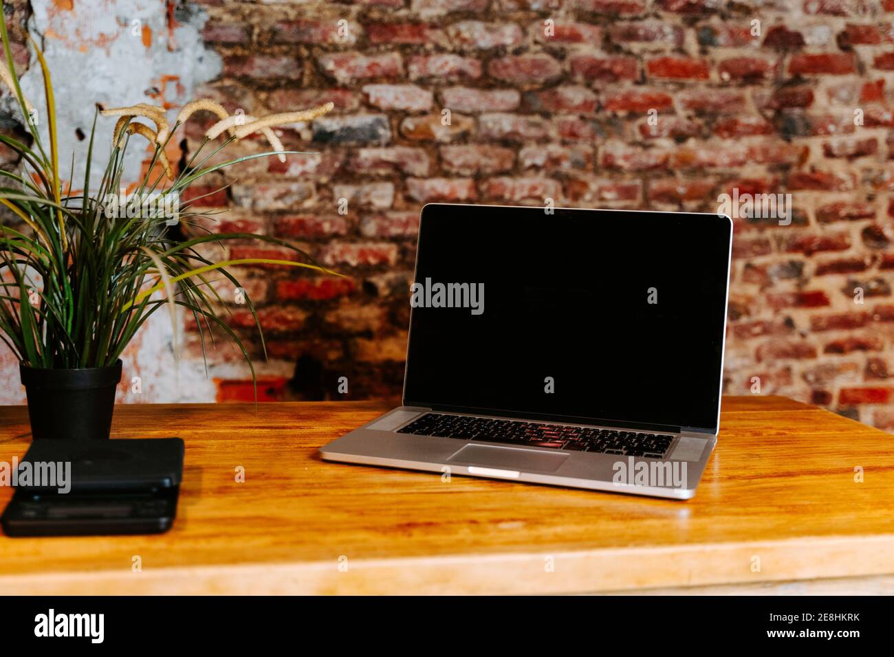 Modern netbook placed on wooden counter in coffee shop with interior in ...