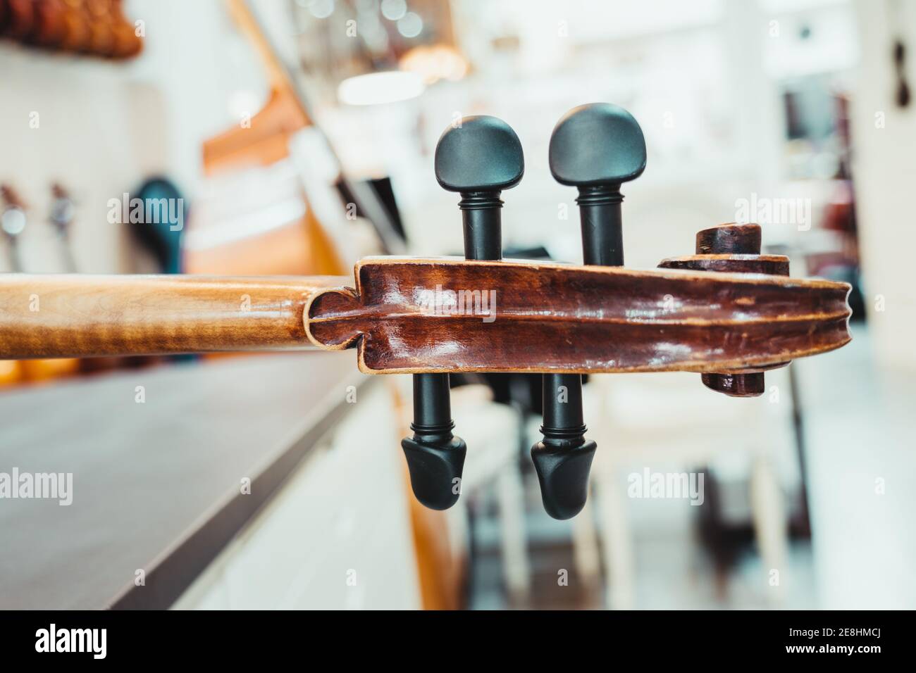 Thin violin neck with strings and tuning pegs against white wall in ...