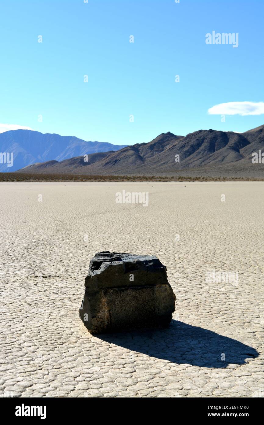 sailing rock leaving a long trail in the desert of the Racetrack Playa ...