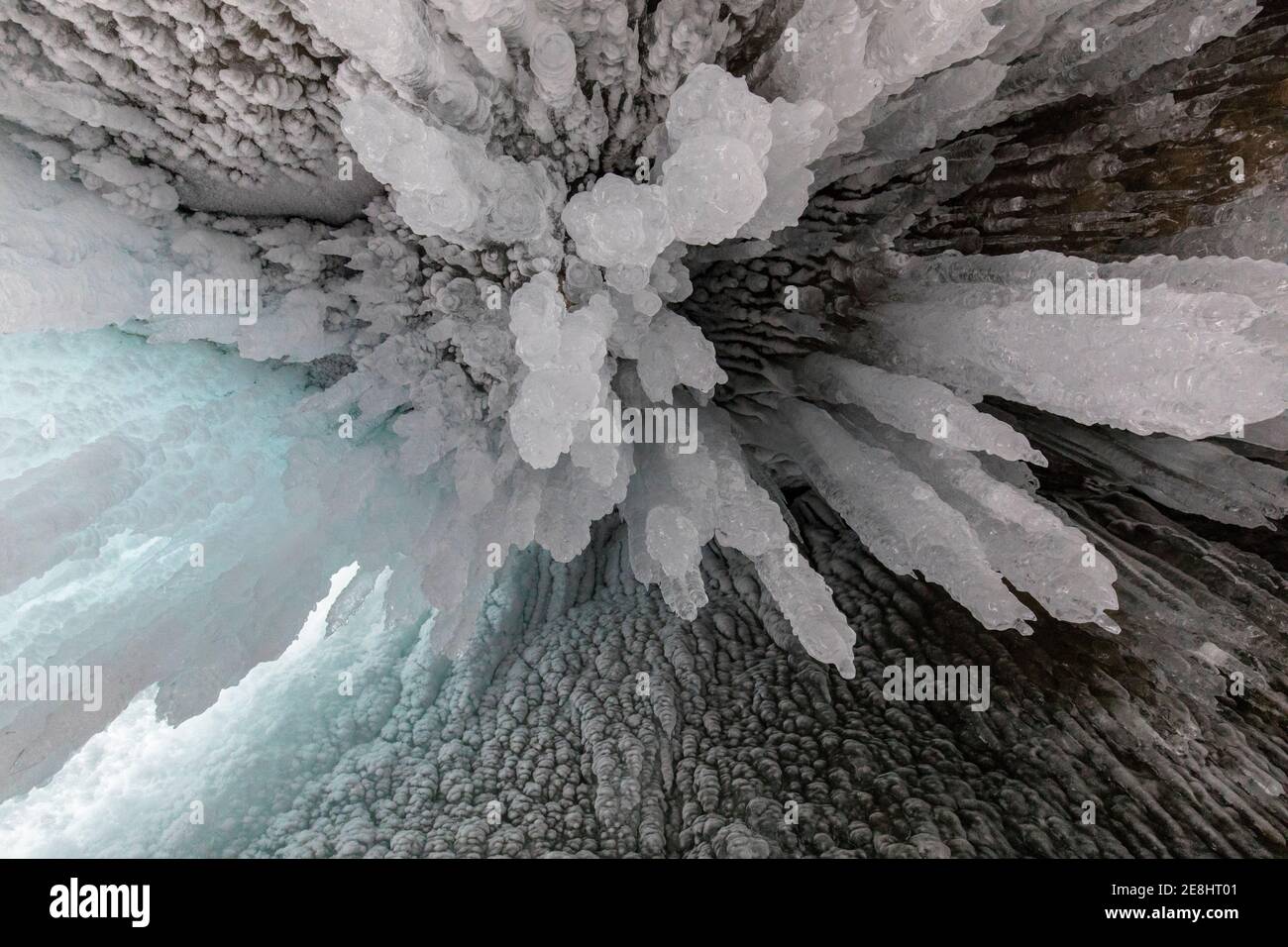 From above of frozen Lake Baikal surface with chaotic pattern and ...