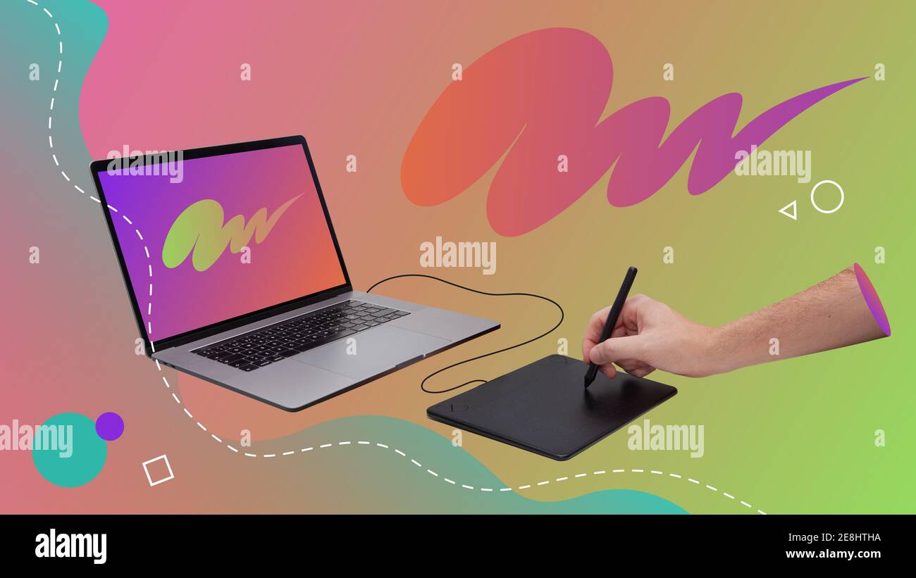 Conceptual contemporary art collage. Hand drawing in a graphic tablet ...