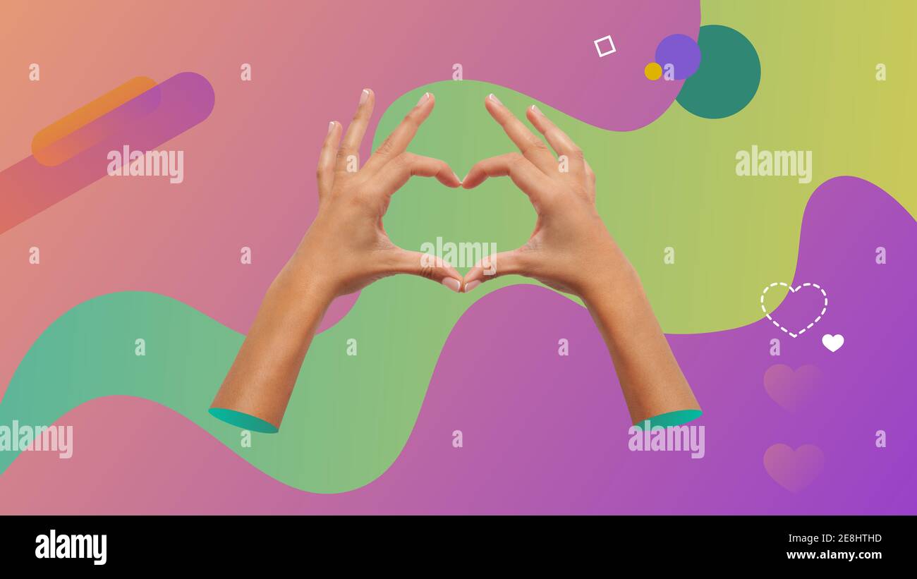 Conceptual contemporary art collage. Two female hands making a heart ...