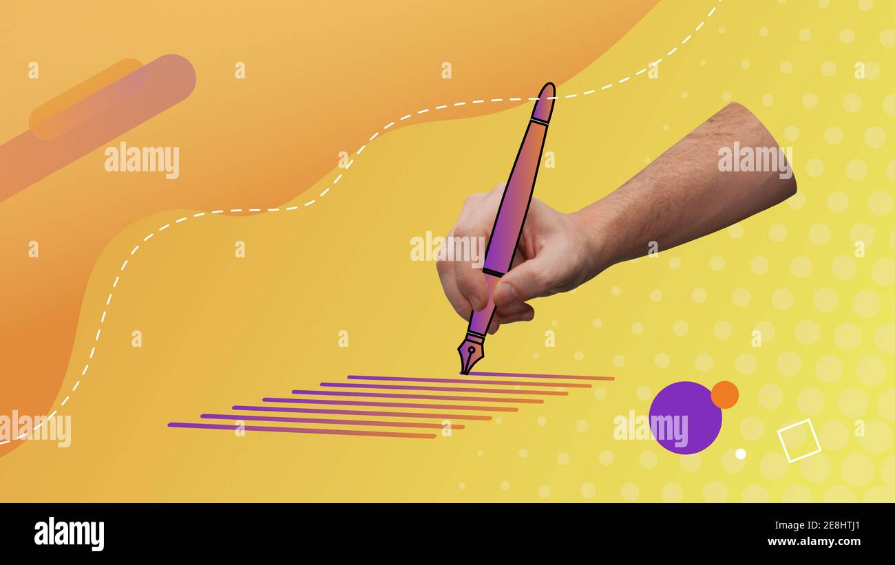 Conceptual contemporary art collage. Hand writing down holding a vector ...