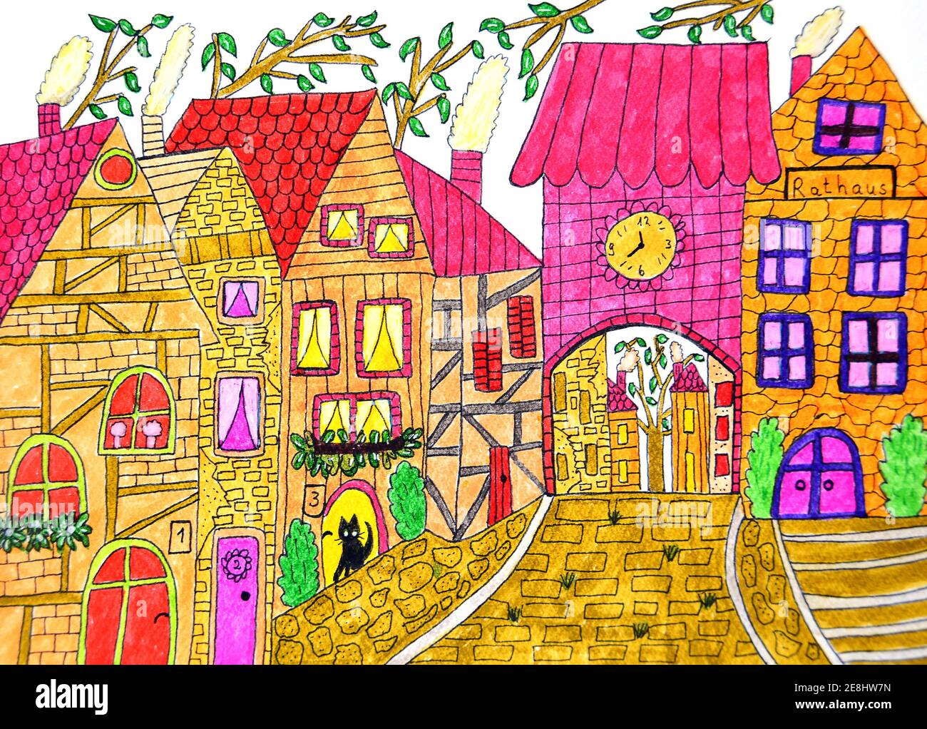 Houses with city gate, naive painting, white background Stock Photo - Alamy