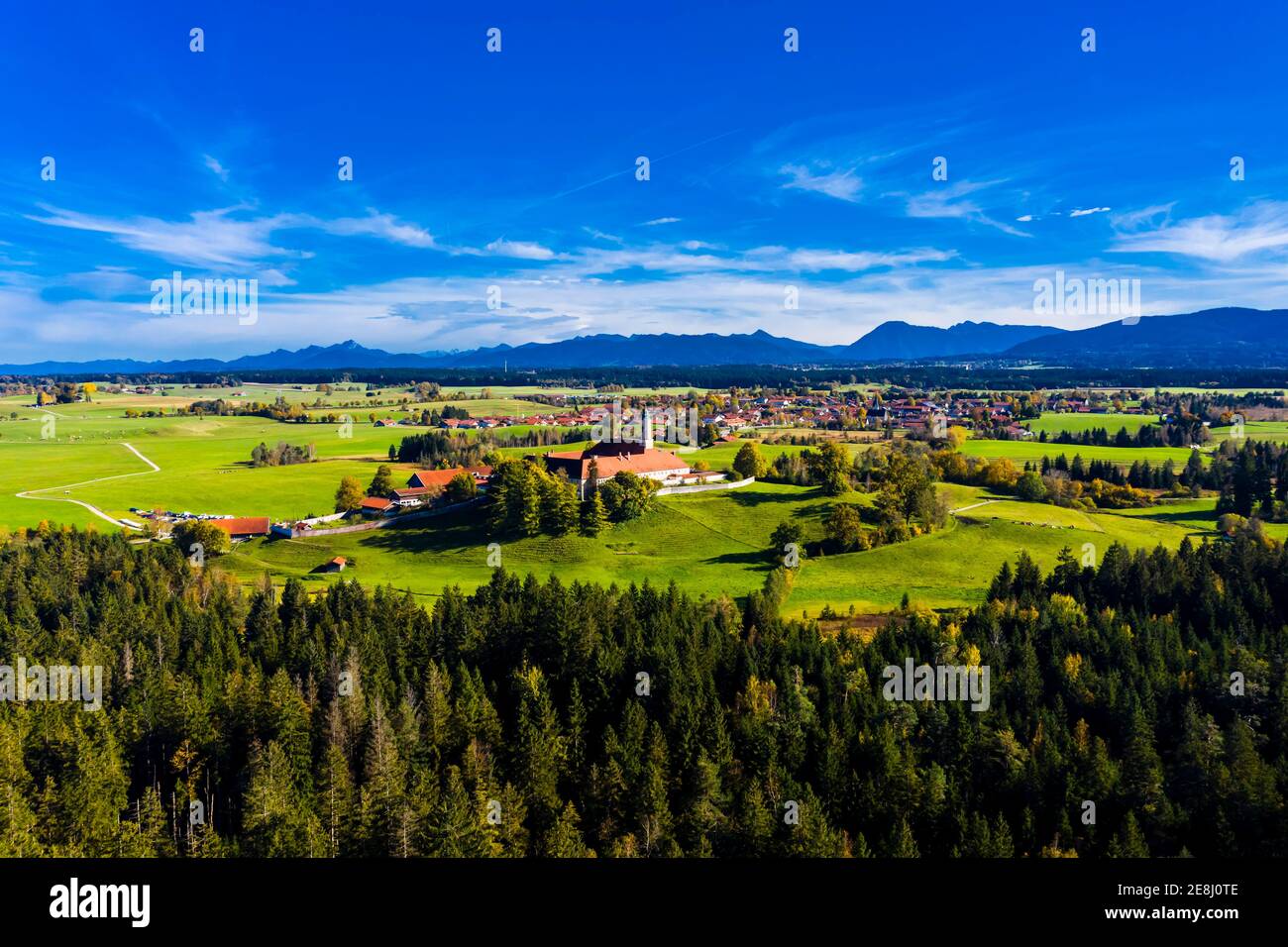 Aerial view of Reutberg Monastery, near Sachsenkam, Upper Bavaria ...