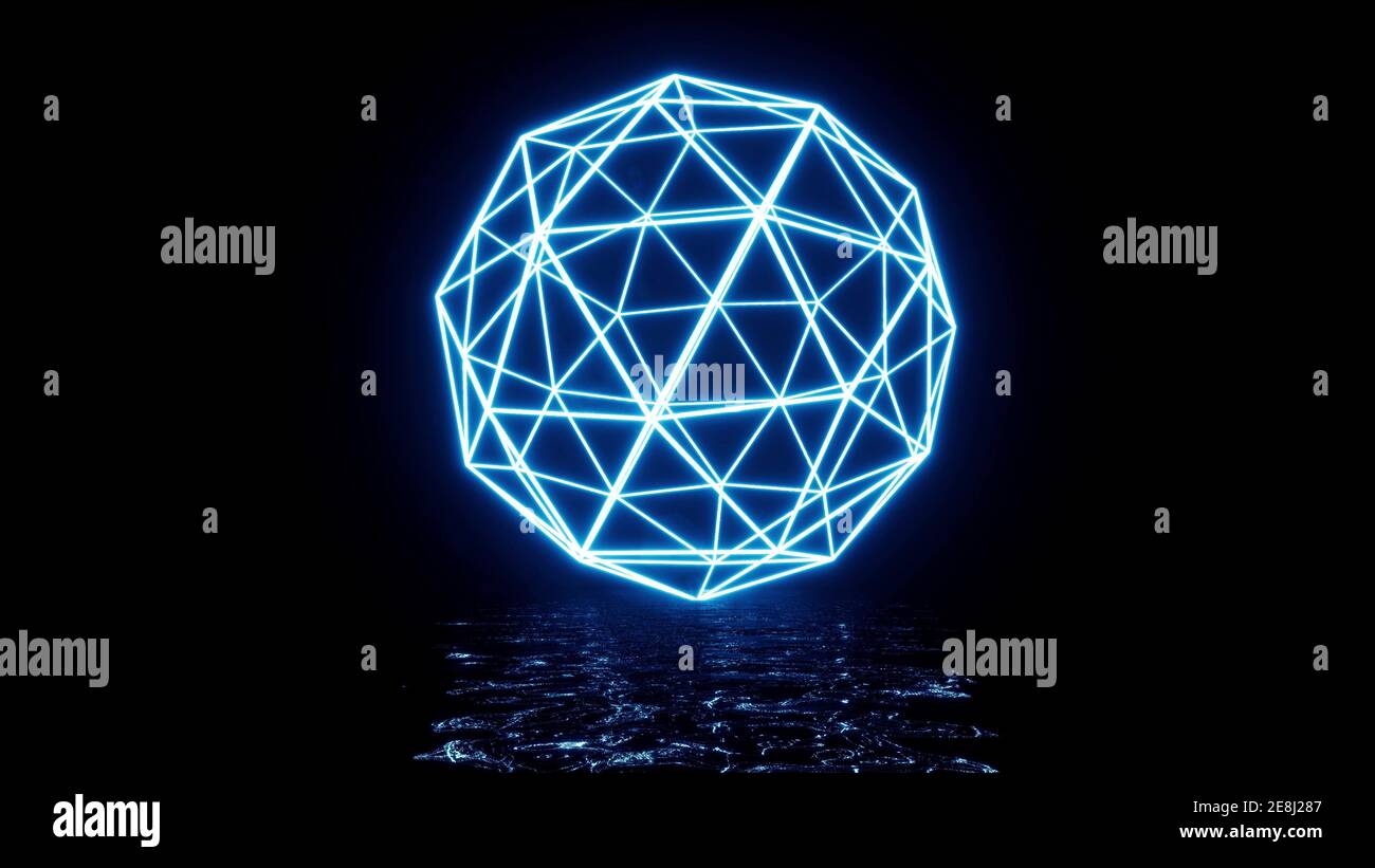 Blue Neon shape rotate on water night sea 3d render Stock Photo - Alamy