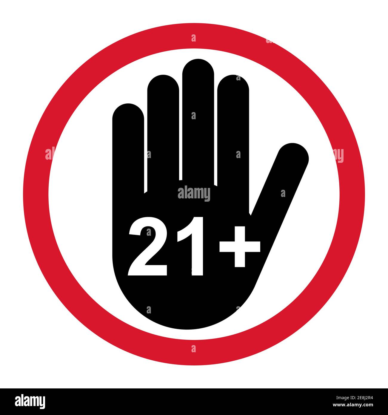 21+ restriction flat sign with hand isolated on white background. Age ...